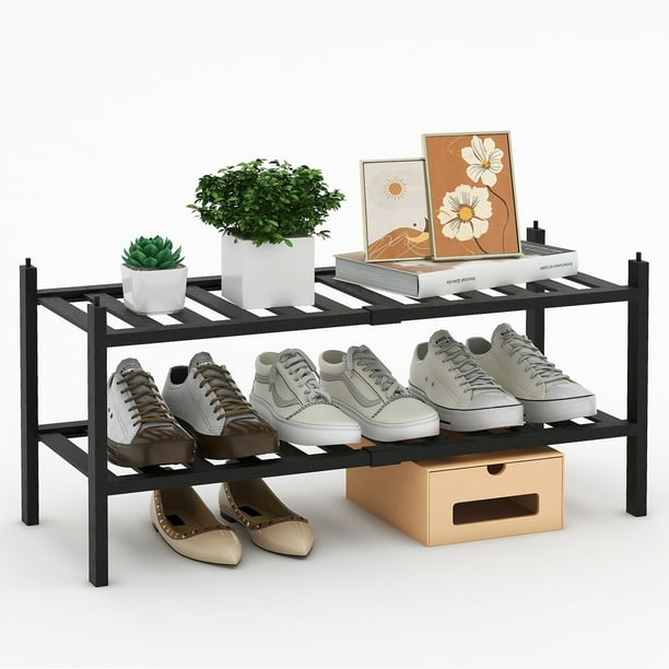 Quiqear Bamboo Shoe Rack, Stackable 2-Tier Shoe Storage, Black Shoe ...