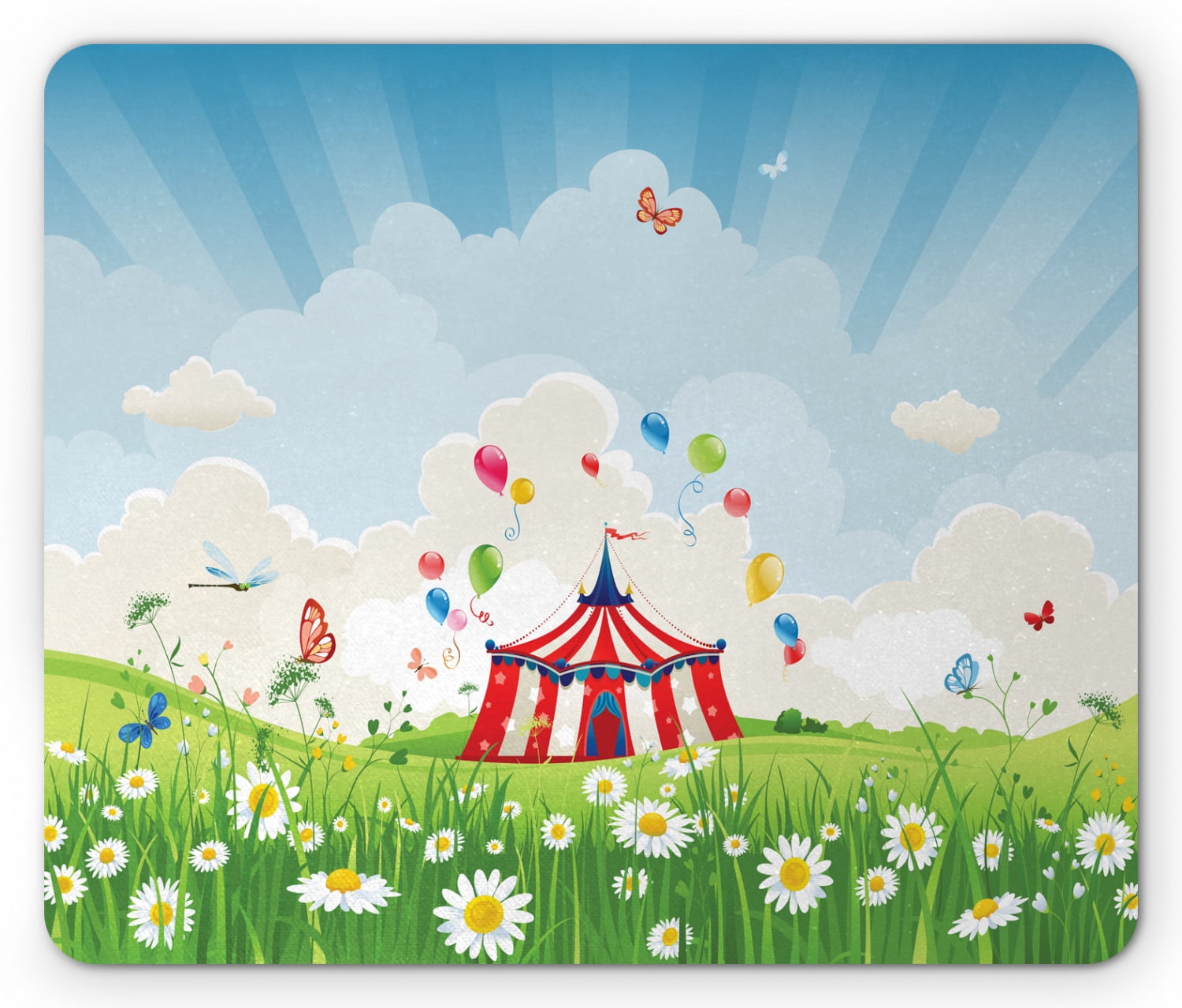 Circus Mouse Pad, Travelling Circus Under Blue Sky Flowers Flying ...