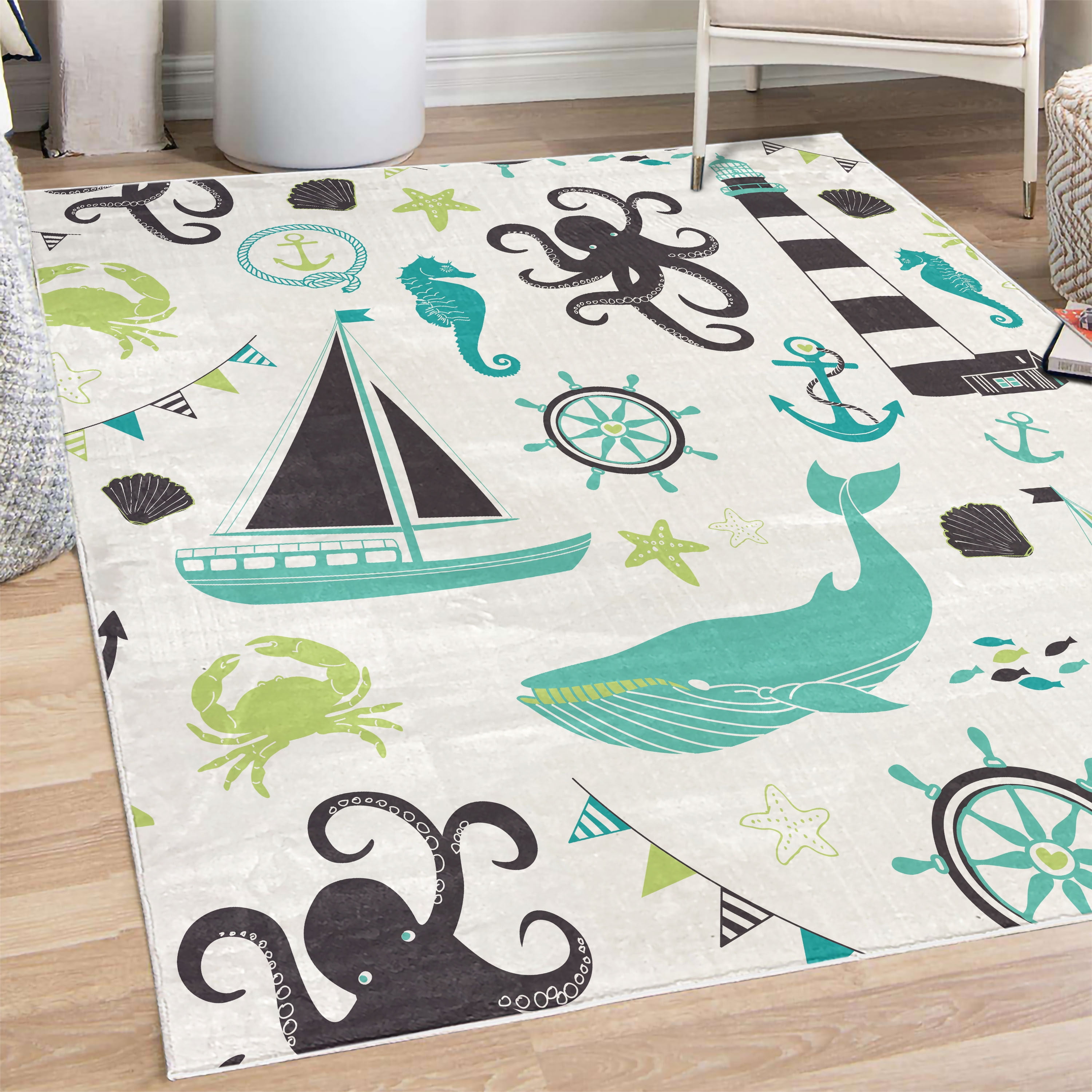 Nautical Decorative Rug, Pastel Colored Composition of Lighthouse ...