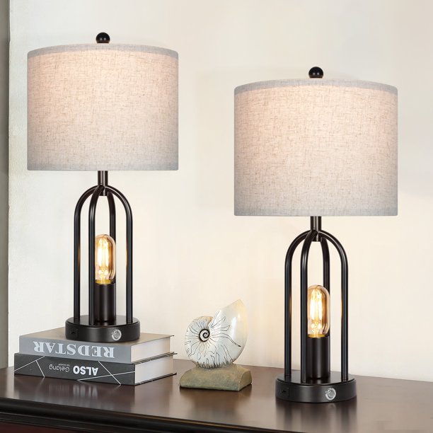OUTON 22" Rustic Table Lamps for Living Room, Nightstand Lamp Set of 2 ...