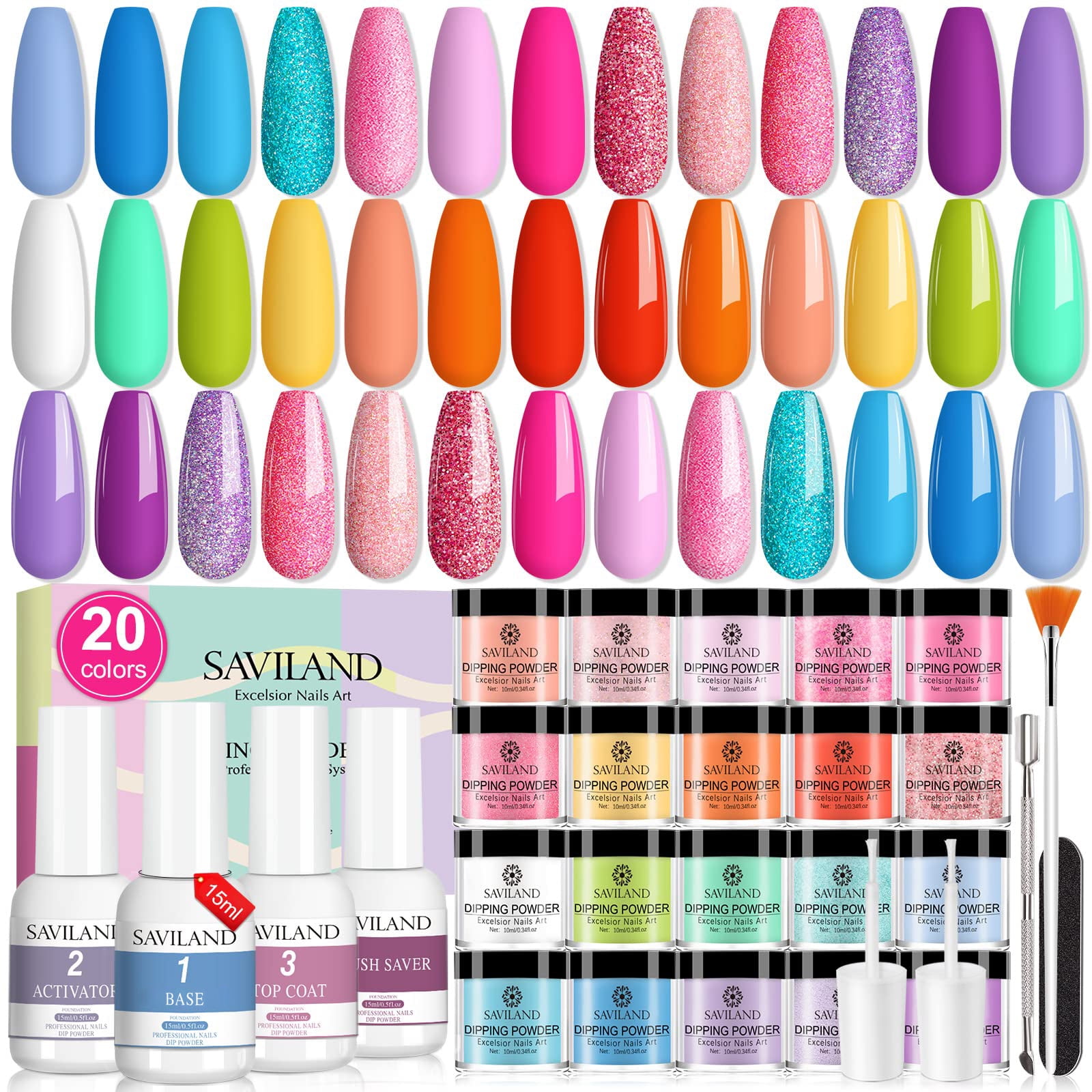 Saviland 29Pcs Dip Powder Nail Kit with Everything - 20 Colors Dipping ...