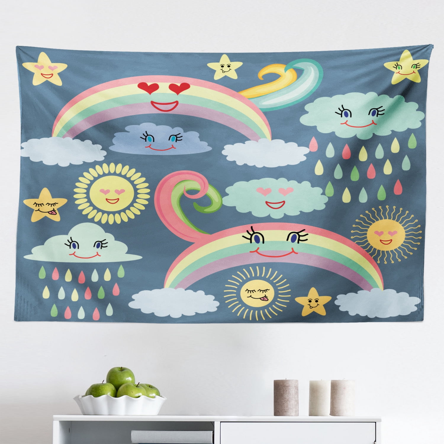 Rain Tapestry, Rainy Day Themed Clouds and Sun Pattern in Repeating ...