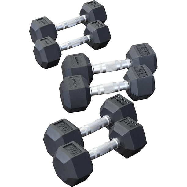Rubber Coated Hexagon Dumbbells - Pairs - Encased Hand Weights for Men ...