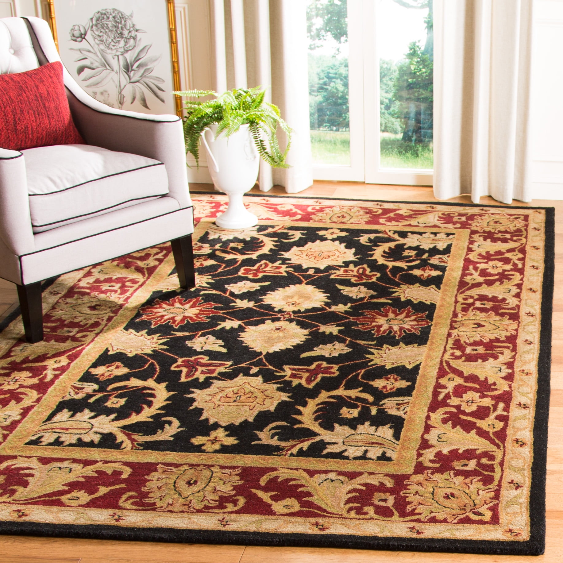 SAFAVIEH Classic Karolina Floral Bordered Wool Area Rug, Black/Burgundy ...