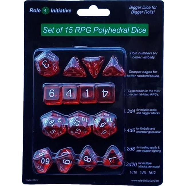 Set of 15 Large High-Visibility Polyhedral Dice: Translucent Red with ...