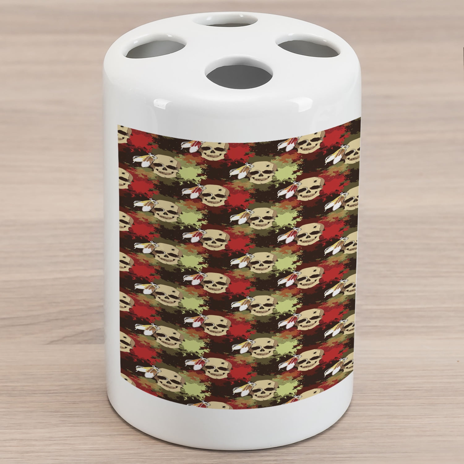 Skull Ceramic Toothbrush Holder, Skull with Feathers Tribe Backdrop ...