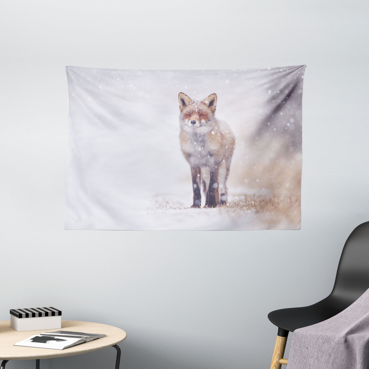 Fox Tapestry, Red Fox in Rural Environment Field Covered with Snow ...