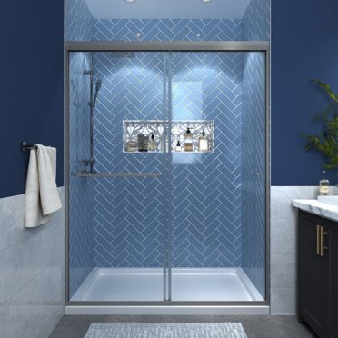 DELAVIN 56-59 in.W x 75 in.H Semi-Frameless Double Sliding Glass Shower ...