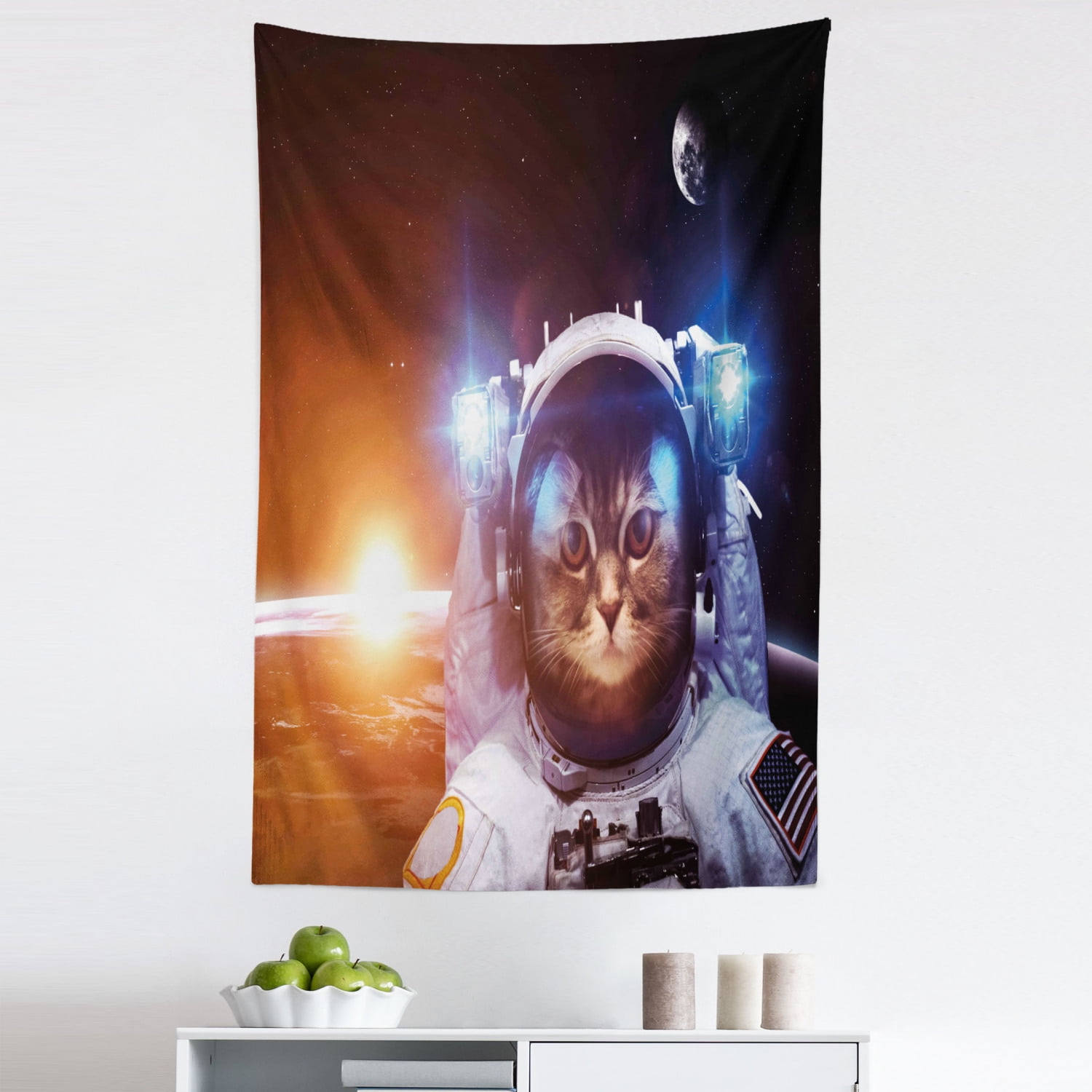 Space Cat Tapestry, Kitten in Space Suit Sun Lunar Eclipse over Planet ...