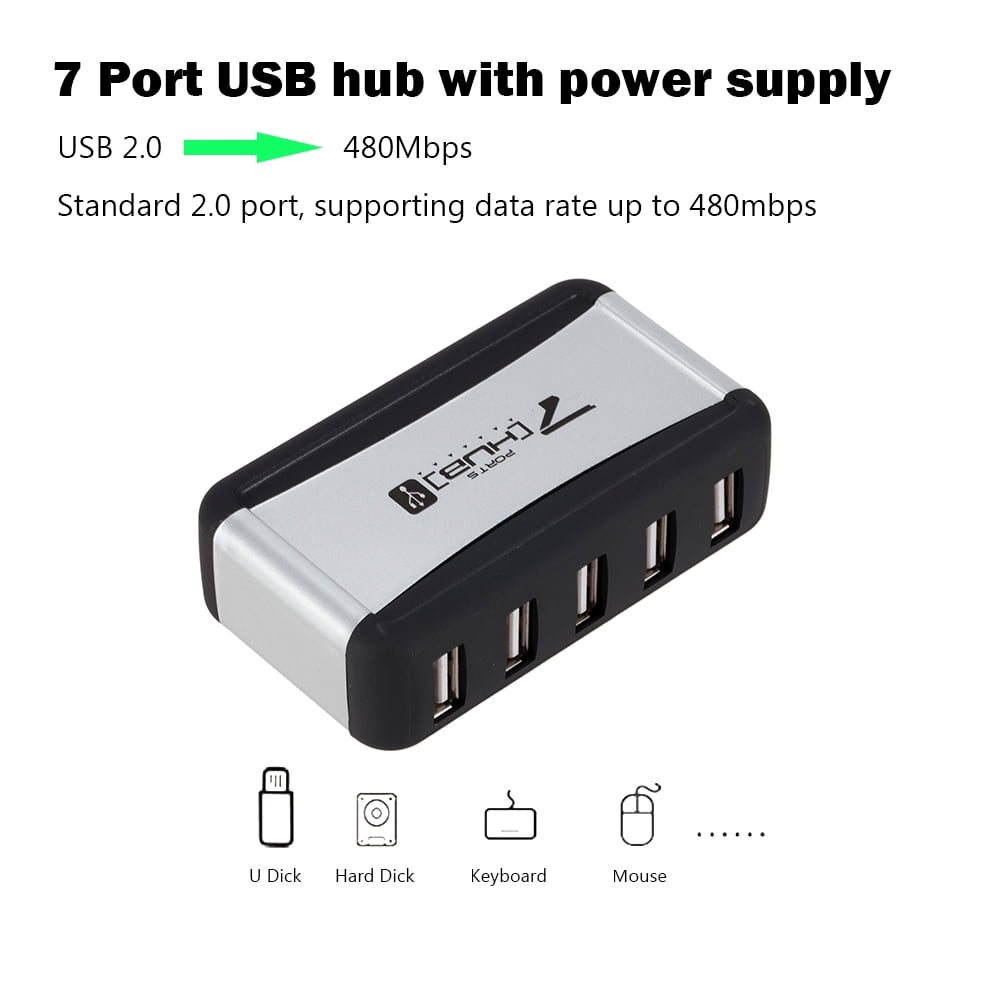 Vertical 7 Port USB Hub USB 2.0 Splitter with Power Adapter for PC ...