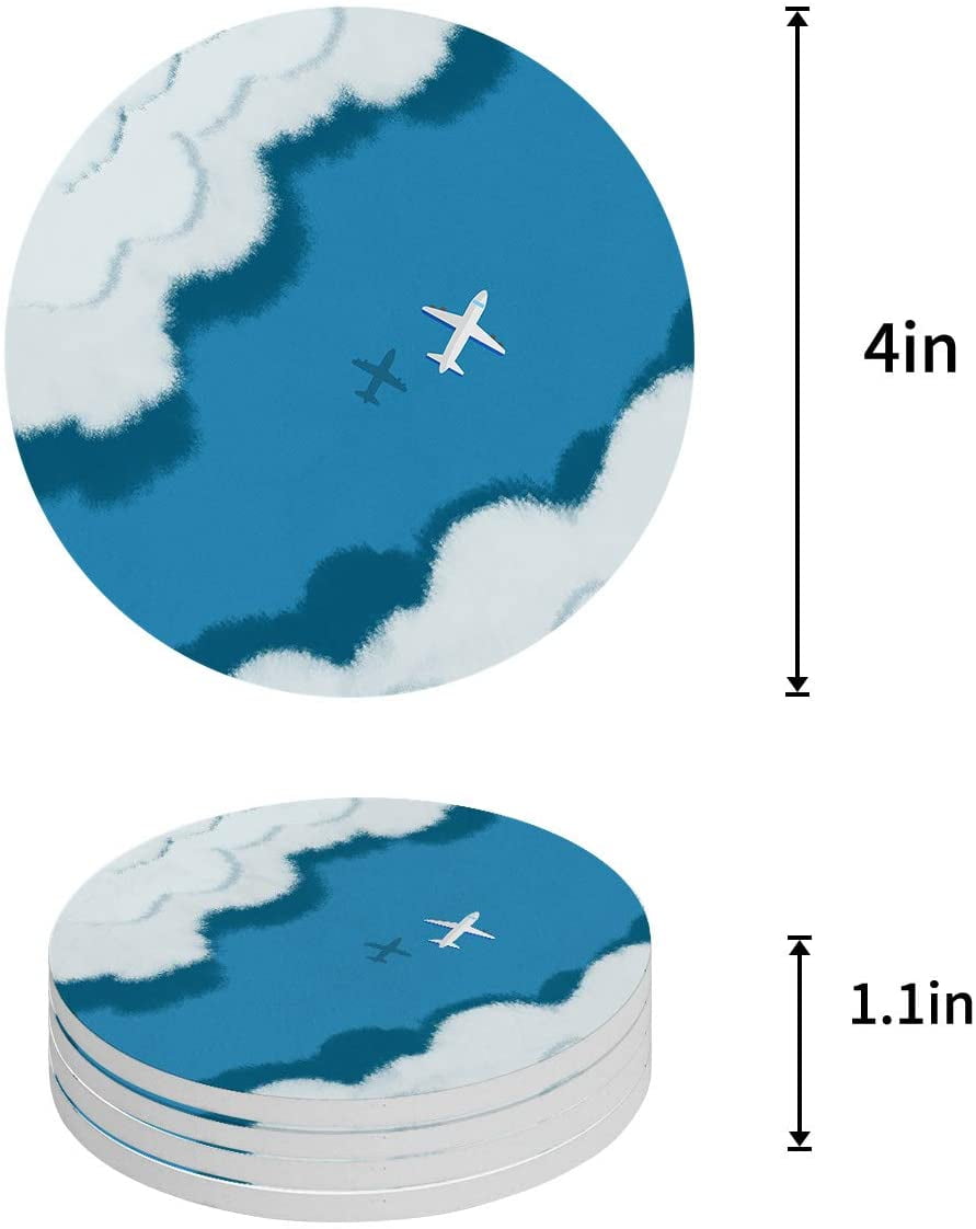 ZHANZZK Sea and White Clouds Airplane Pattern Set of 6 Round Coaster ...