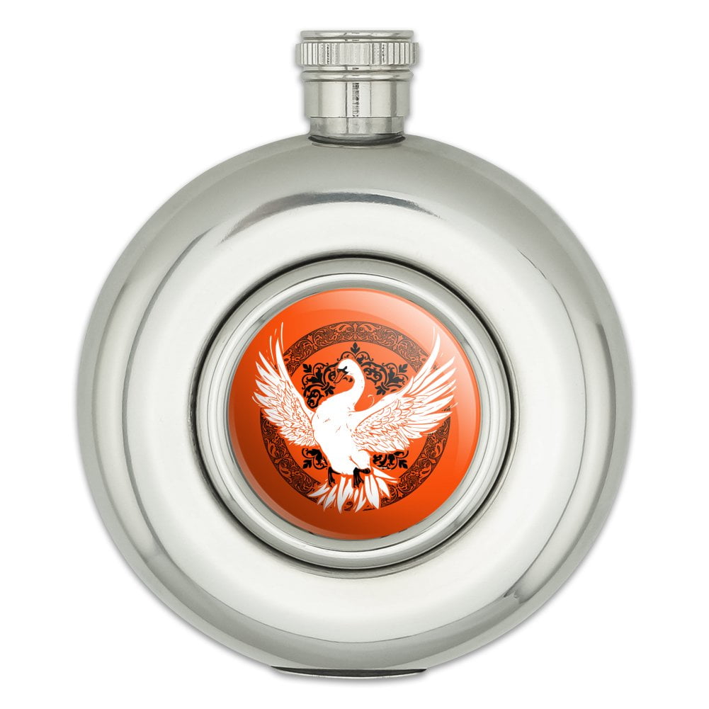 Swan on Fancy Floral Circle Round Stainless Steel 5oz Hip Drink Flask ...
