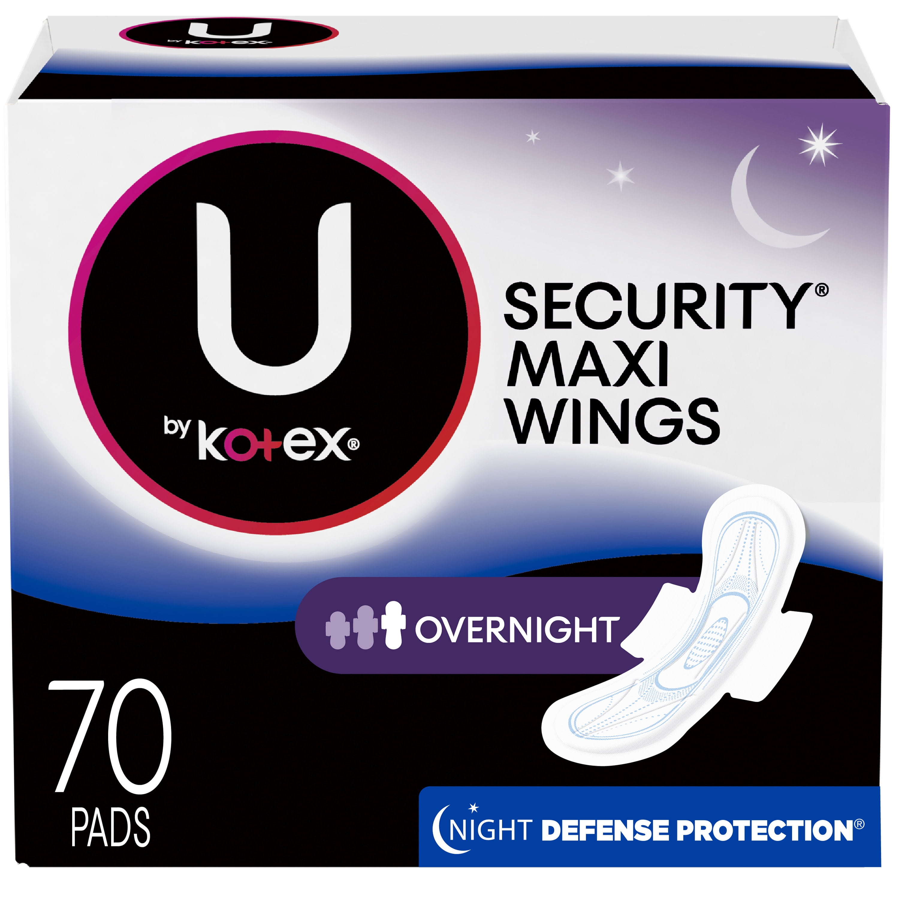 U by Kotex Security Maxi Pads with Wings, Overnight, Unscented, 70 ...