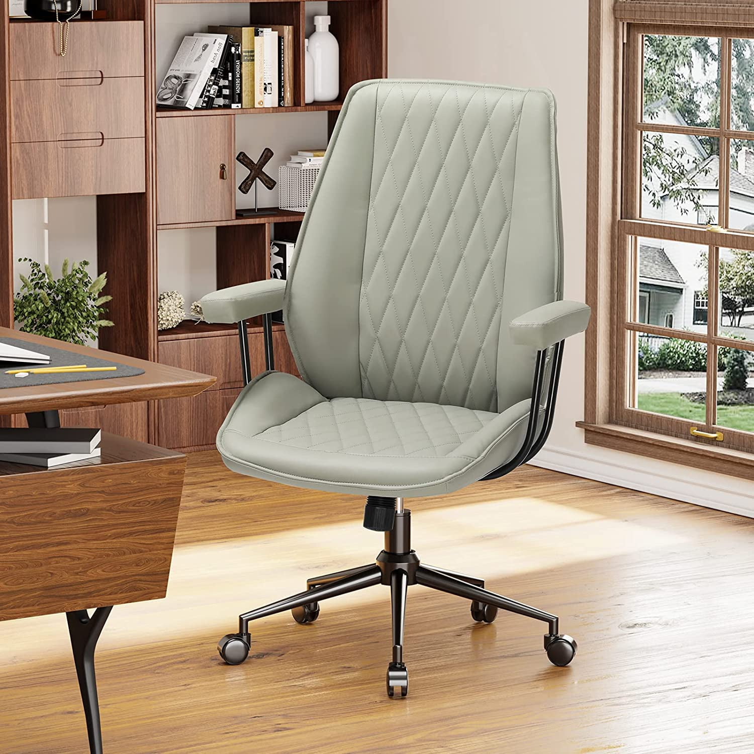 Modern Leather Desk Chair with Removable Armrest, Ergonomic Computer ...