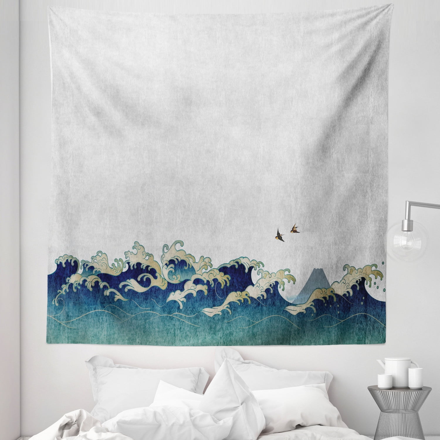 Japanese Wave Tapestry, Aquatic Swirls Birds of Ocean Ukiyo-e Style Art ...