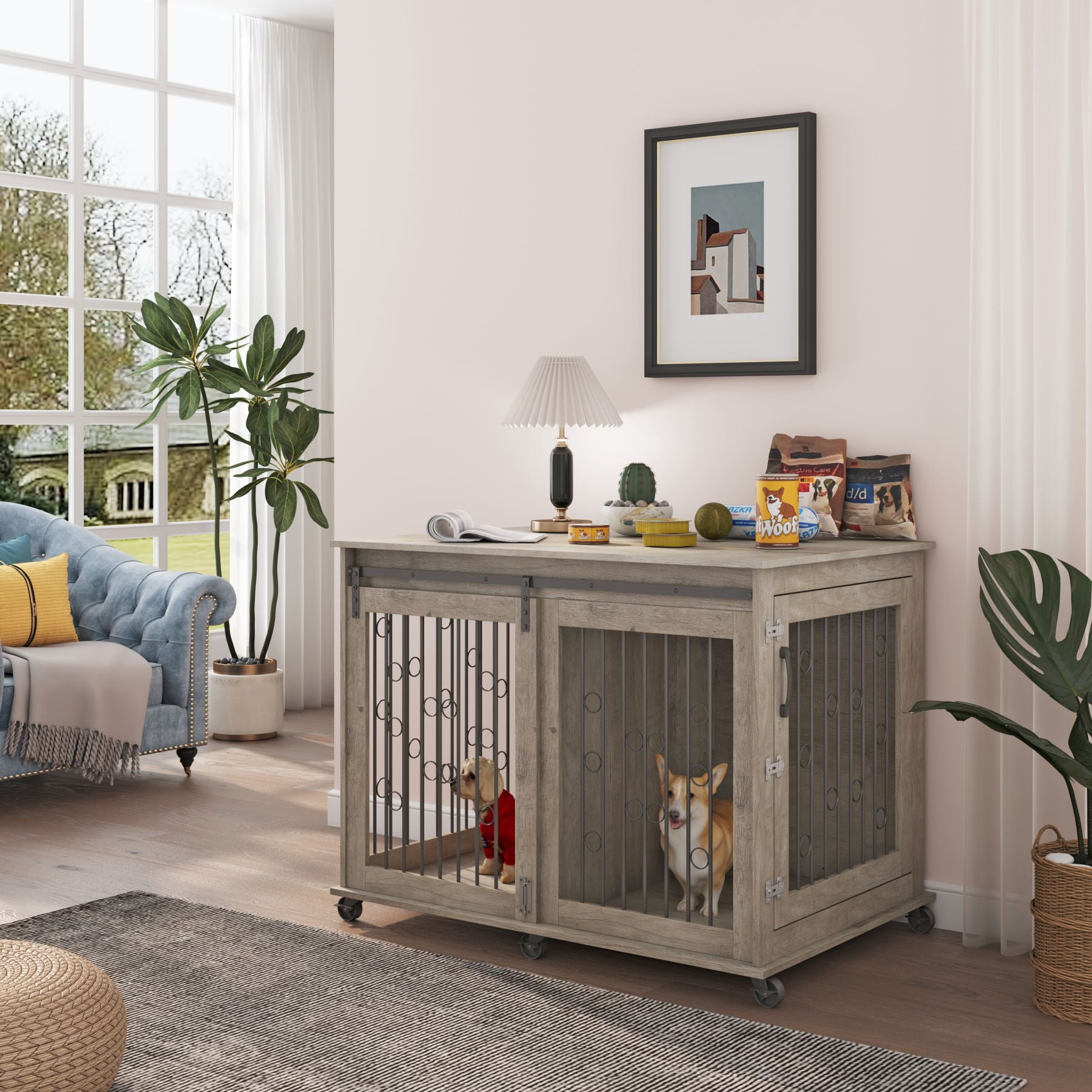 Ouyessir Large Wooden Dog Kennel End Table/Cage with Divider, Sliding ...
