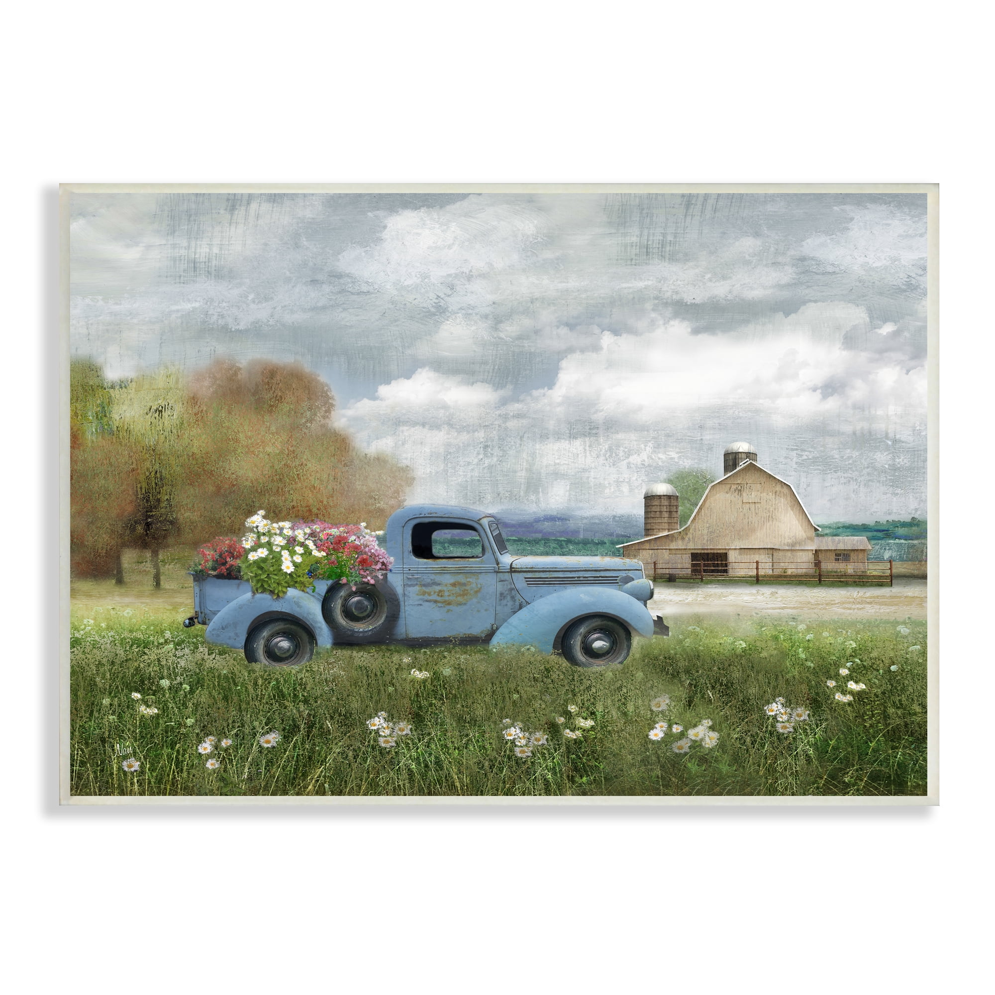 Stupell Industries Vintage Blue Truck Flower Bouquet Cloudy Sky ...