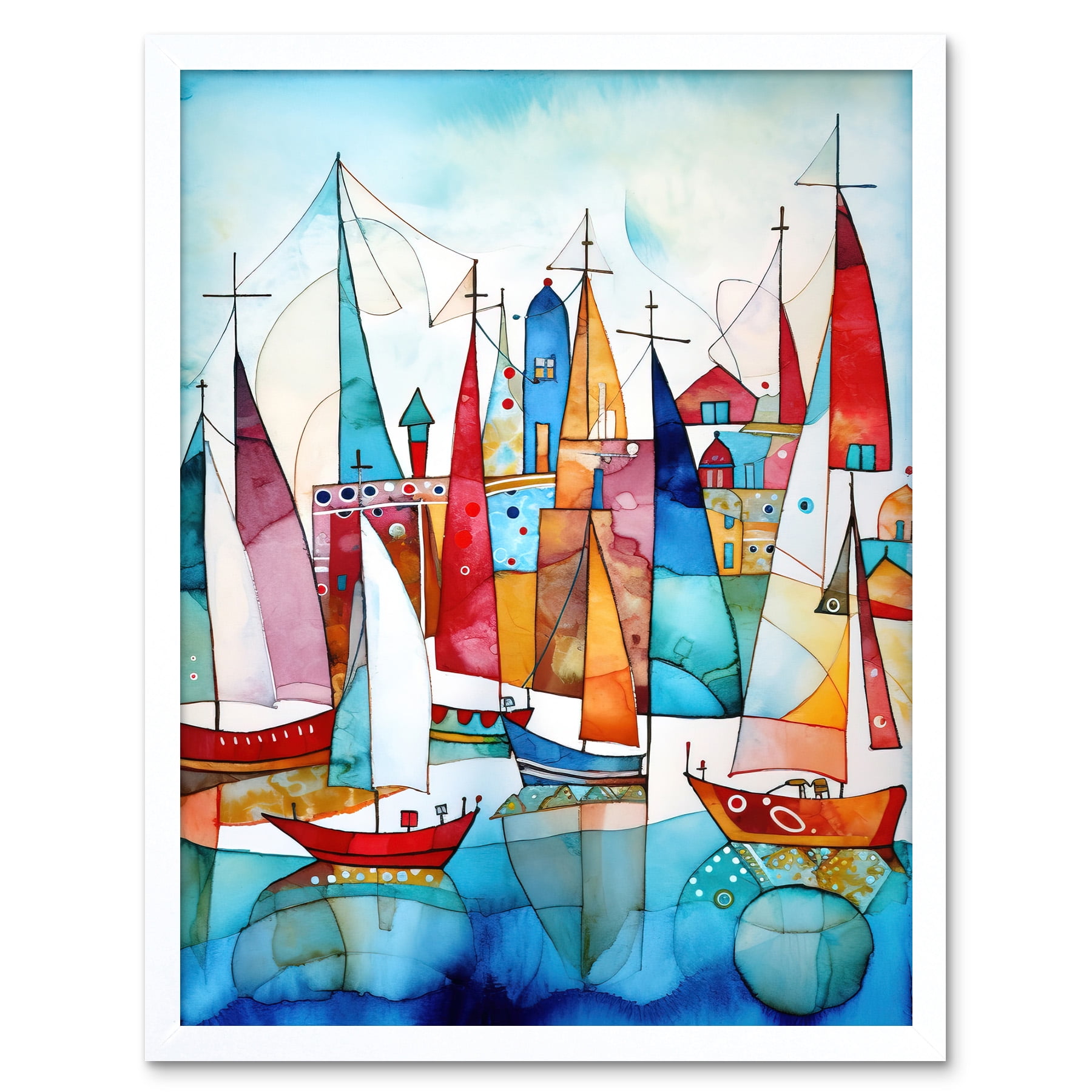 Harbour Boats Abstract Folk Art Watercolour Painting Art Print Framed ...