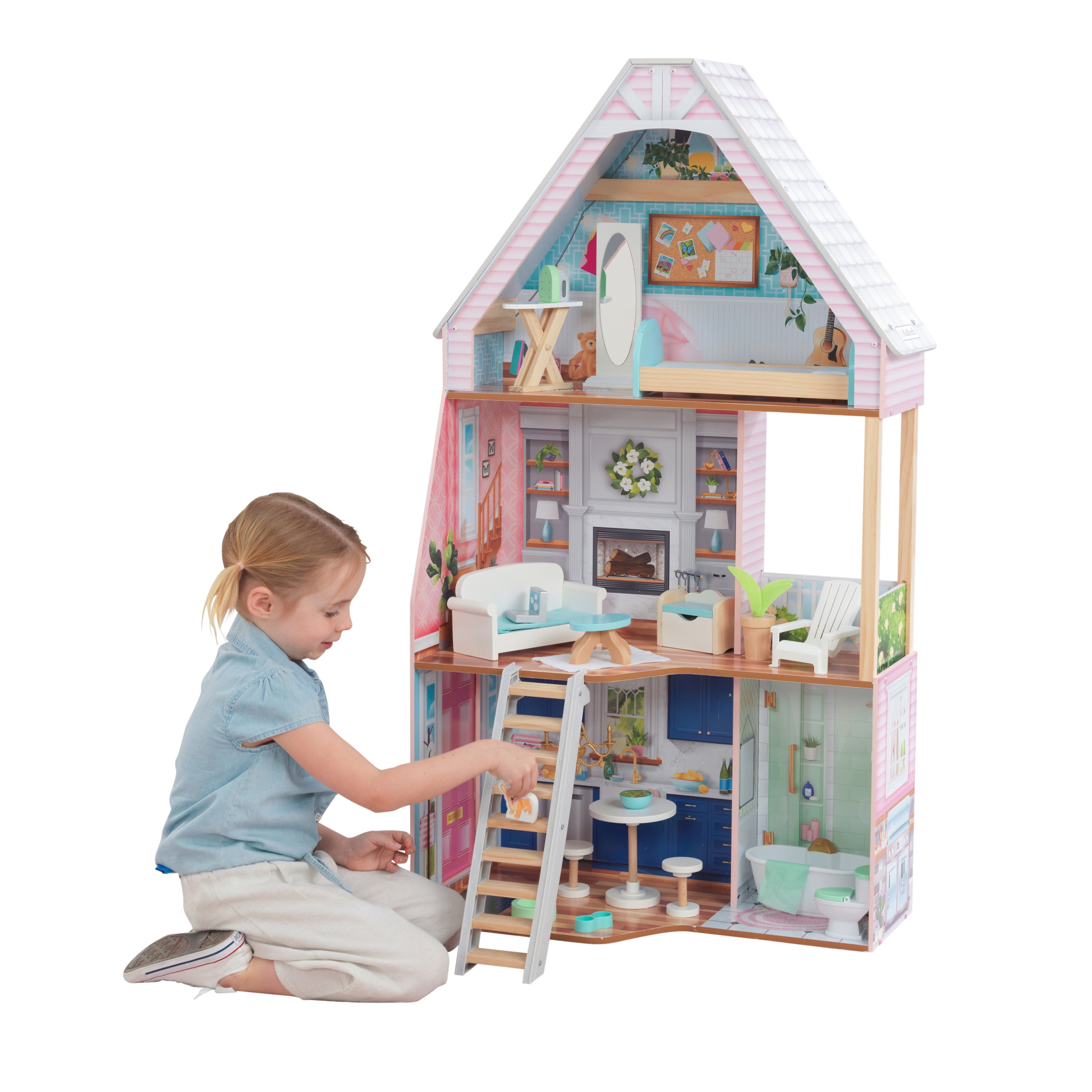 KidKraft Matilda Wooden Dollhouse with Balcony, Movable Staircase and ...