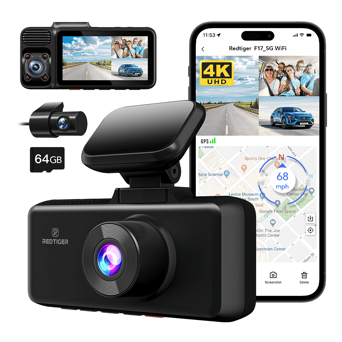REDTIGER Dash Cam Front and Rear, Dash Cam 3 Channel with 5G WiFi GPS ...