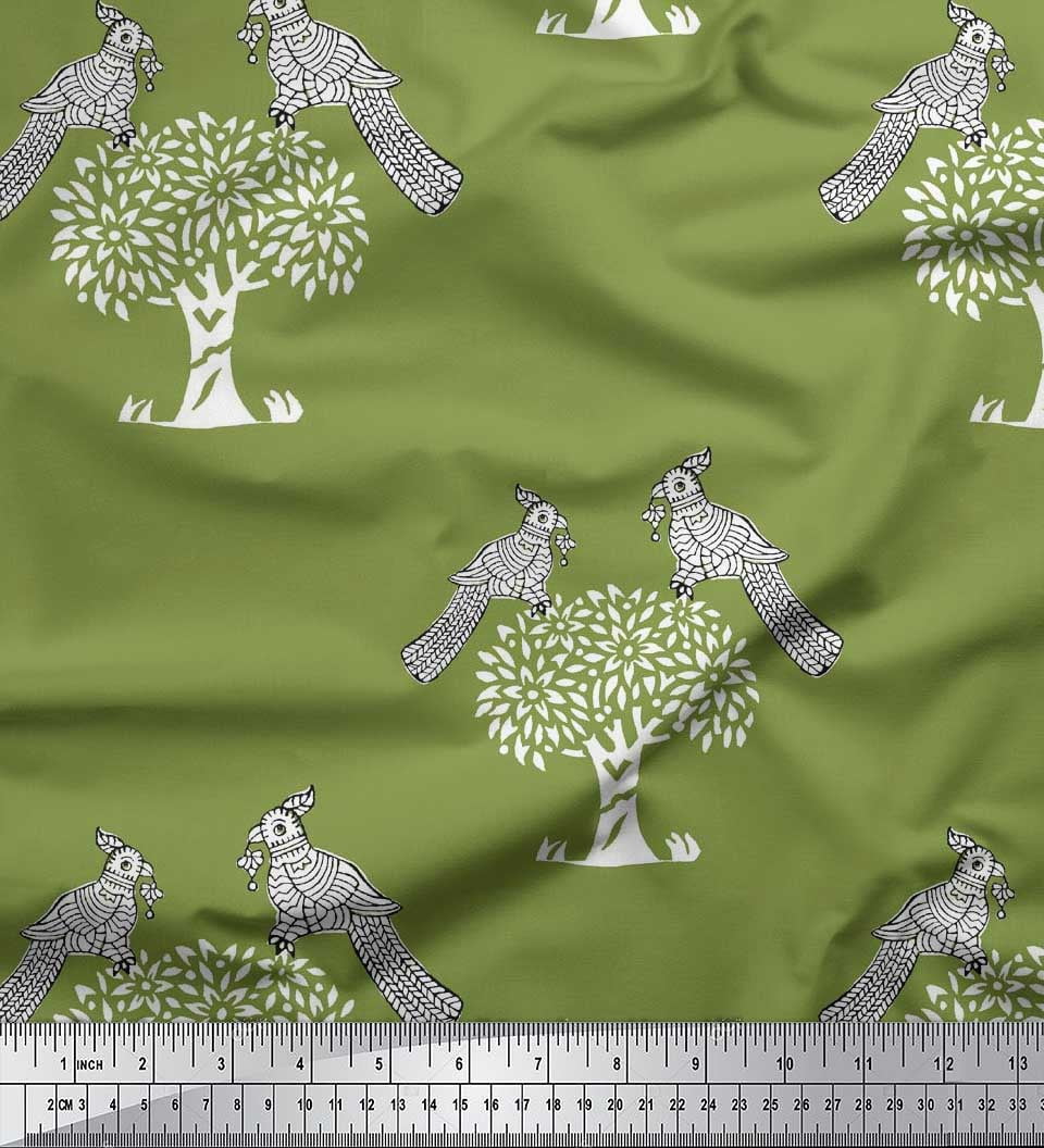 Soimoi Satin Silk Fabric Bird & Tree Block Print Fabric by The Yard 42 ...