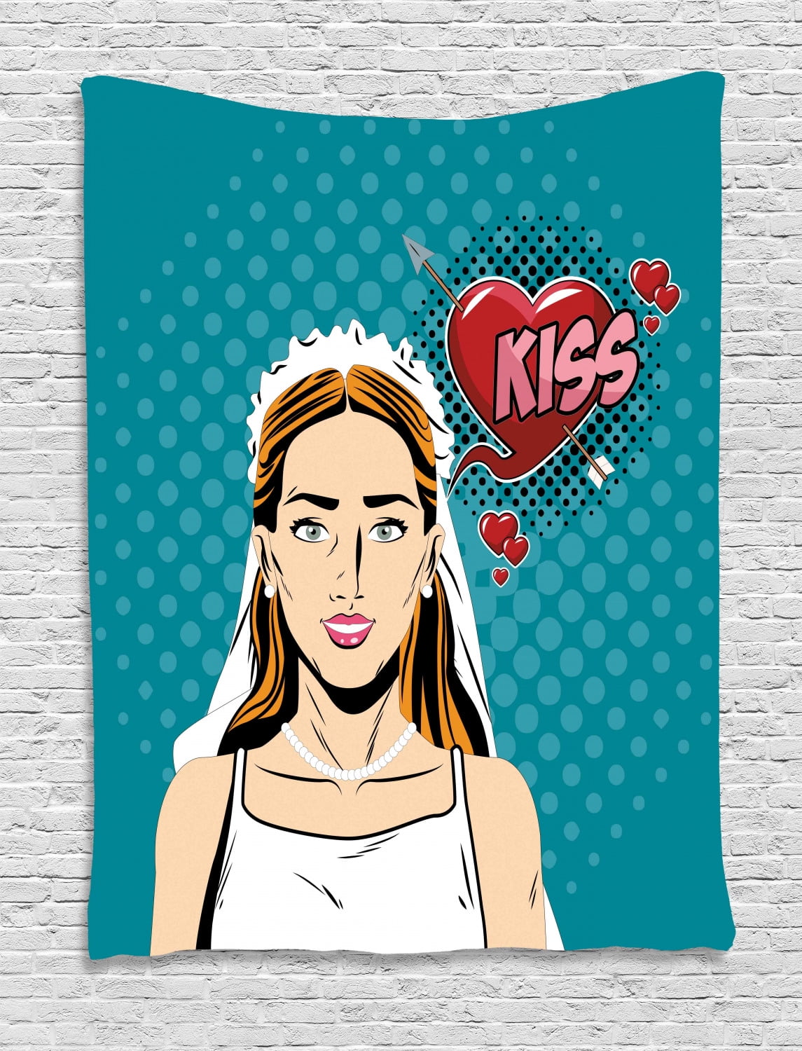 Wife Tapestry, Pop Art Young Bride Heart with Arrow and Kiss Text ...