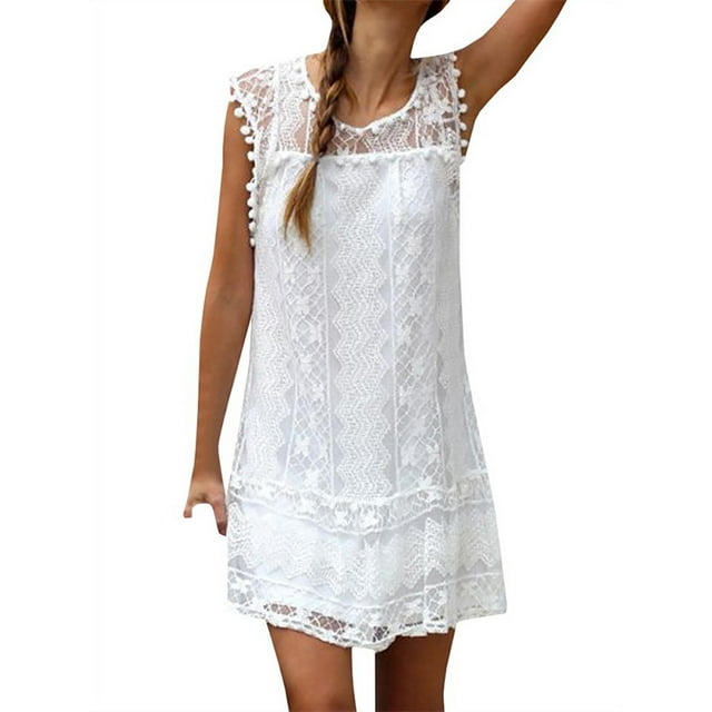 NGMQ S-5XL Fashion Women Sleeveless White Lace Dress Straight Above ...