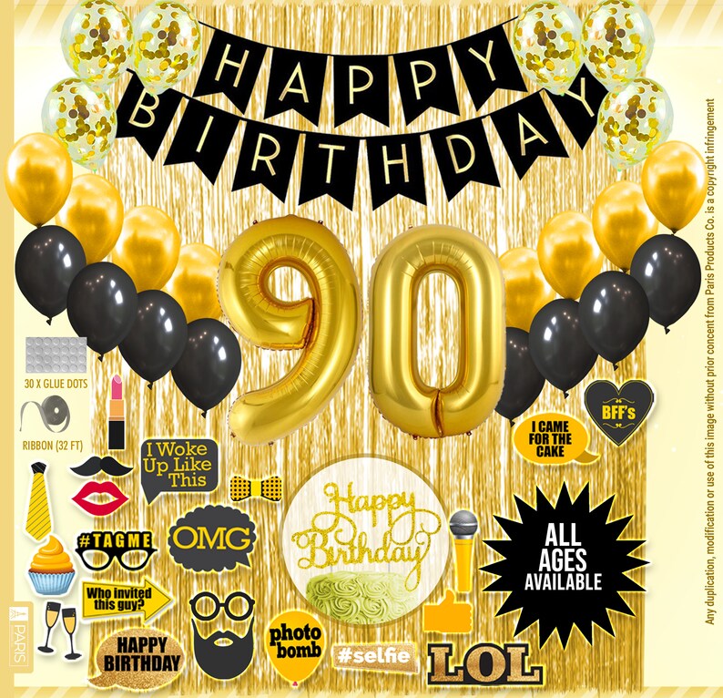 90th Birthday Decoration Black and Gold for Boy & Girl, 90th Cake ...