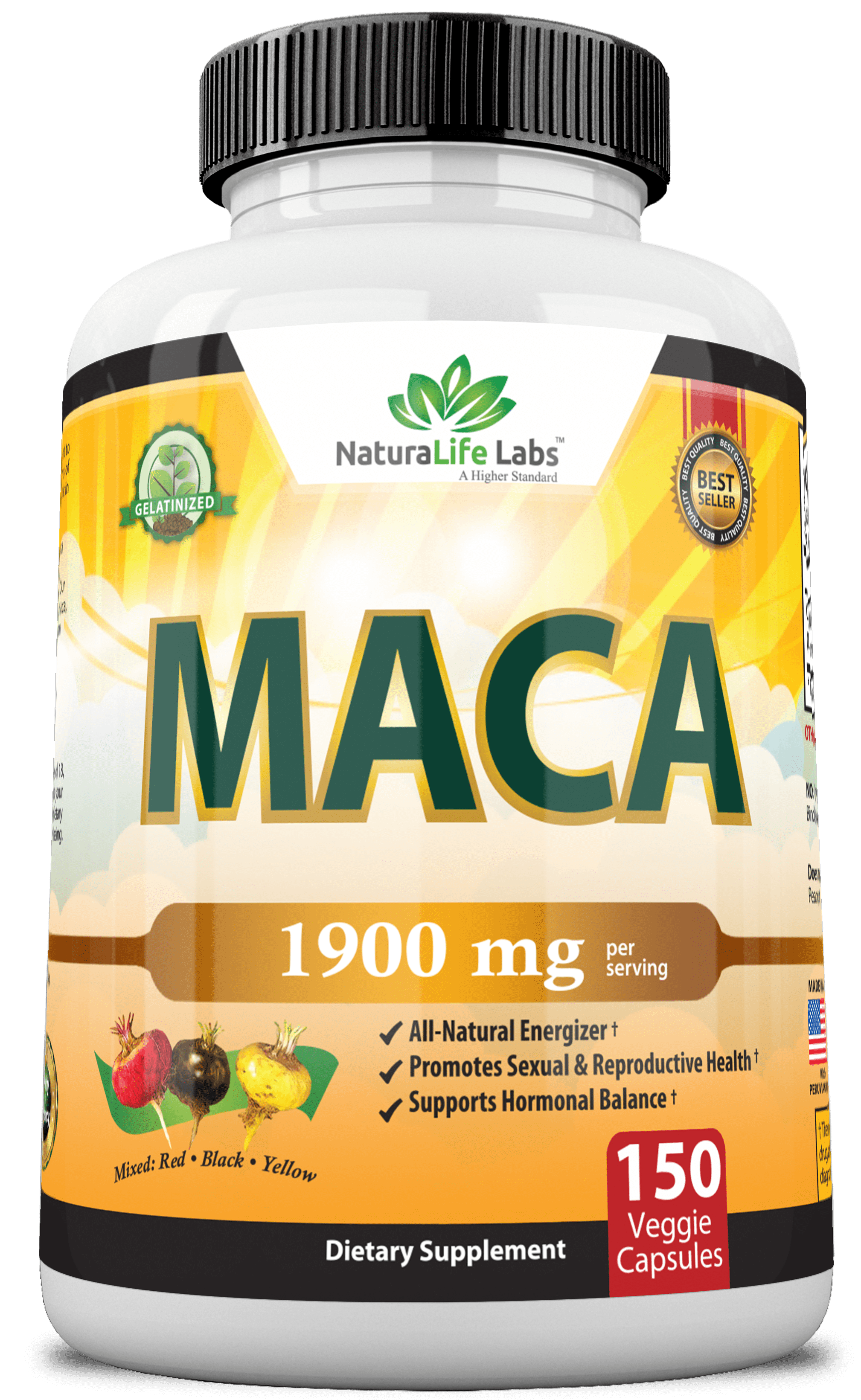 Organic Maca Root Black, Red, Yellow 1900 mg per serving - 150 Vegan ...