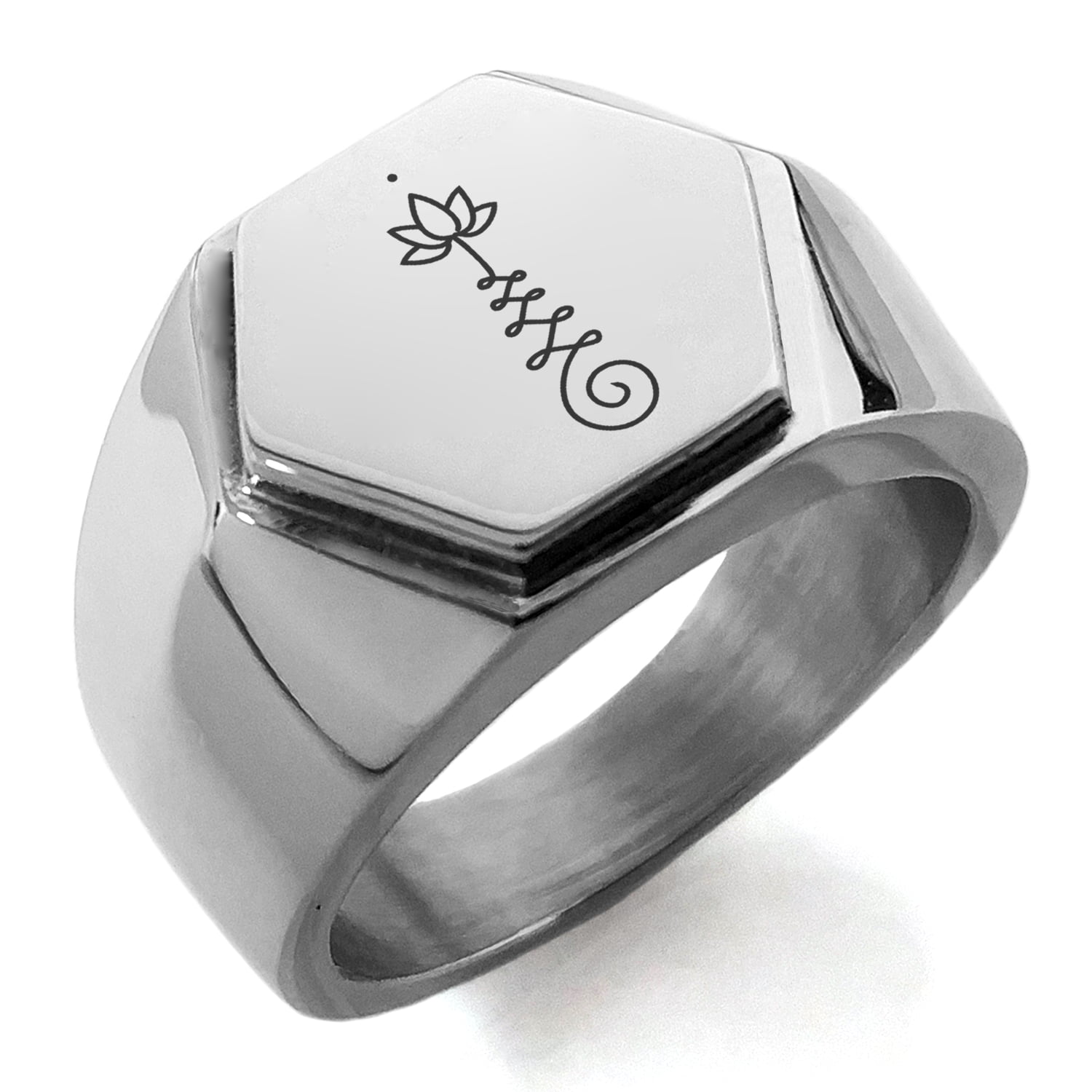 Stainless Steel Sacred Lotus Unalome Engraved Hexagon Crest Flat Top ...