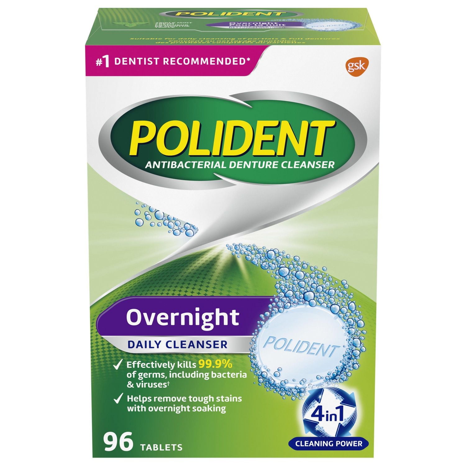 Polident Overnight Daily Denture Cleanser, 96 tabs Triple Mint Fresh ...
