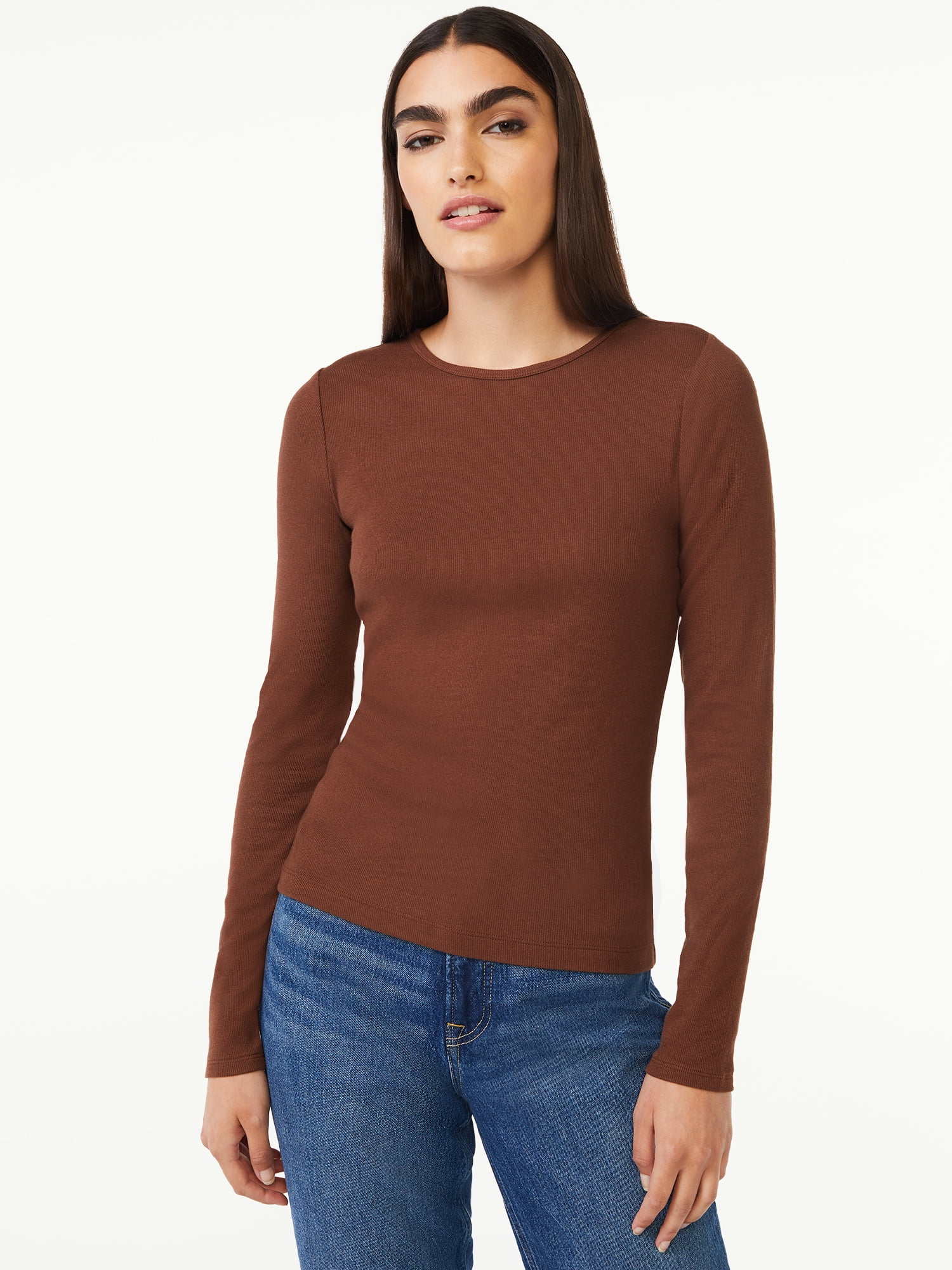 Free Assembly Women's Ribbed Crewneck Top with Long Sleeves - Walmart.com