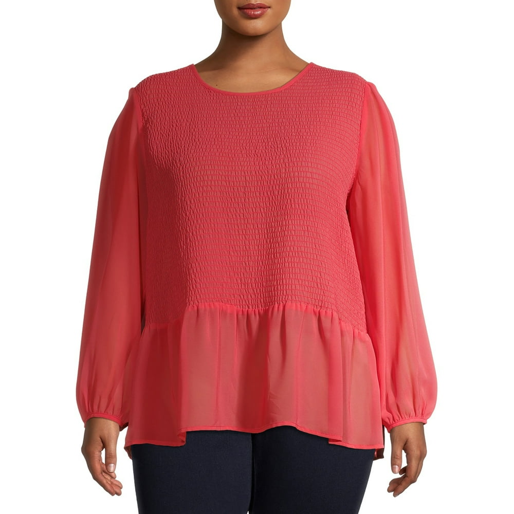Terra And Sky Terra And Sky Womens Plus Size Long Sleeve Smocked Bodice