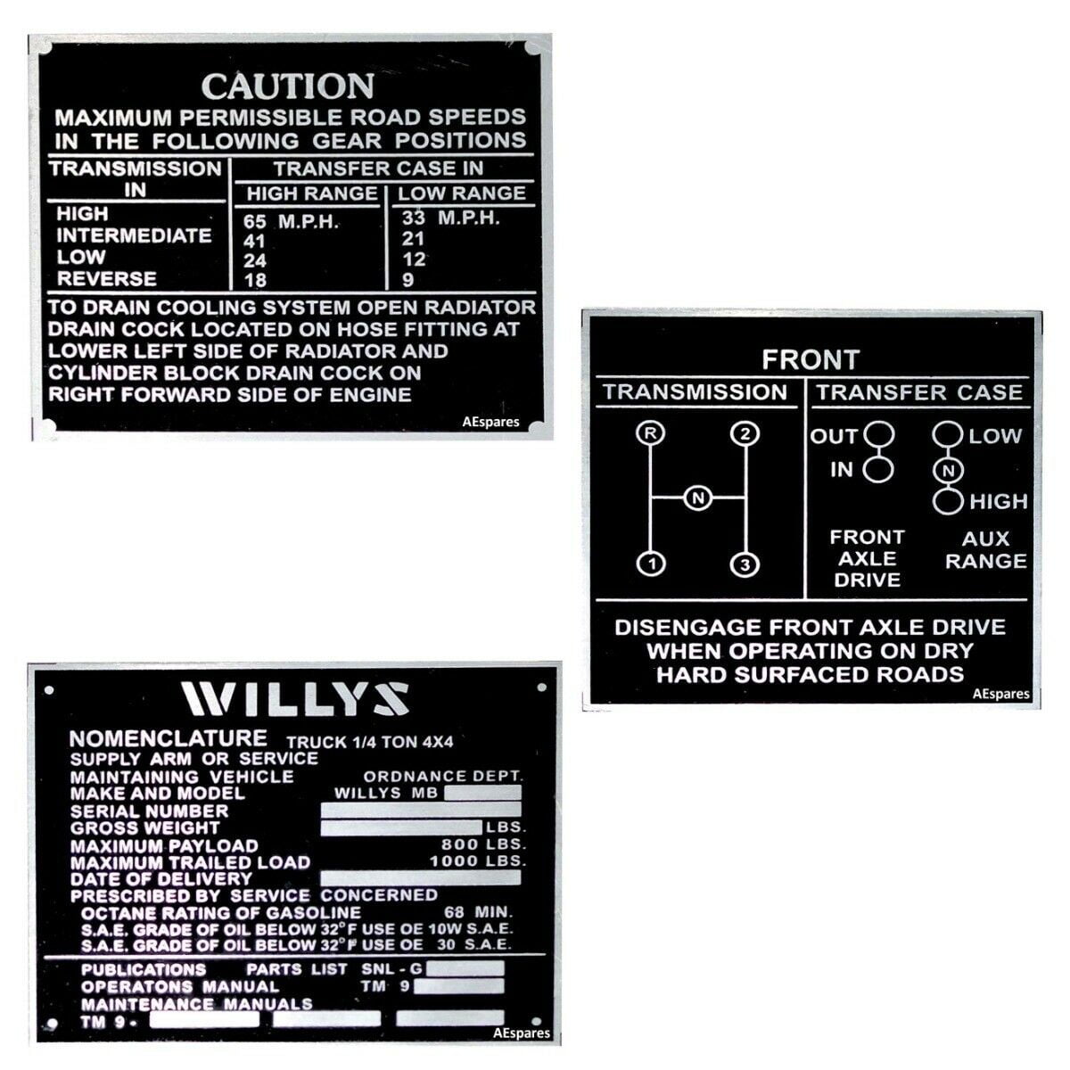 Dash Data Plate Aluminum Black Set Of 3 For Jeeps Willys Ford CJ2A CJ3A ...