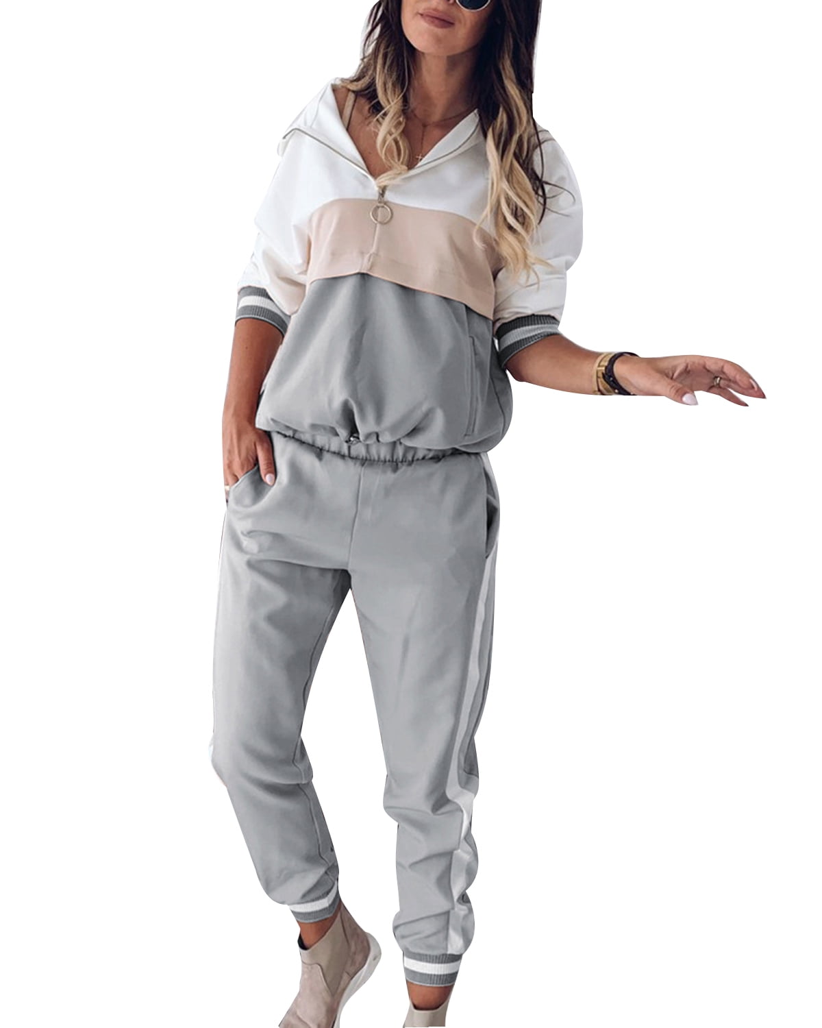 MintLimit Women's Casual 2 Piece Tracksuit Set Striped Patchwork Zipper ...
