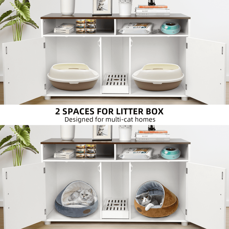 RichYa Cat Litter Box Enclosure for 2 Cats Wooden Hidden Cat Litter Box Furniture with Double Room Cat Washroom Furniture with Storage Cabinet
