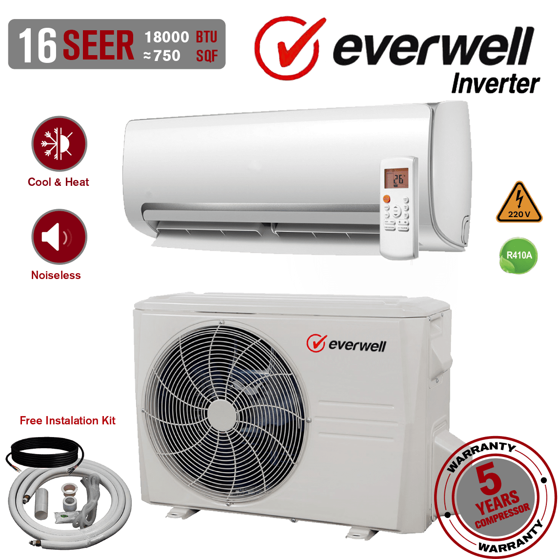 Buy Everwell 18000 Btu 16 Seer 220v Inverter Ductless Mini Split Air