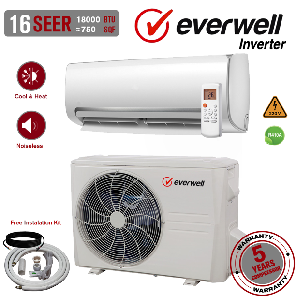 Everwell 18000 BTU 16 SEER 220V INVERTER Ductless Mini Split Air ...