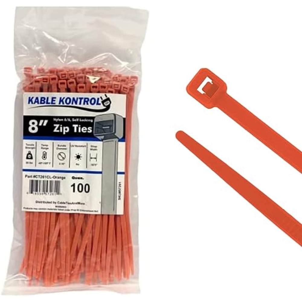 Kable Kontrol Zip Ties - 8" Long - 100 Pc Pk - Orange color - Nylon - 50 Lbs Tensile Strength ...