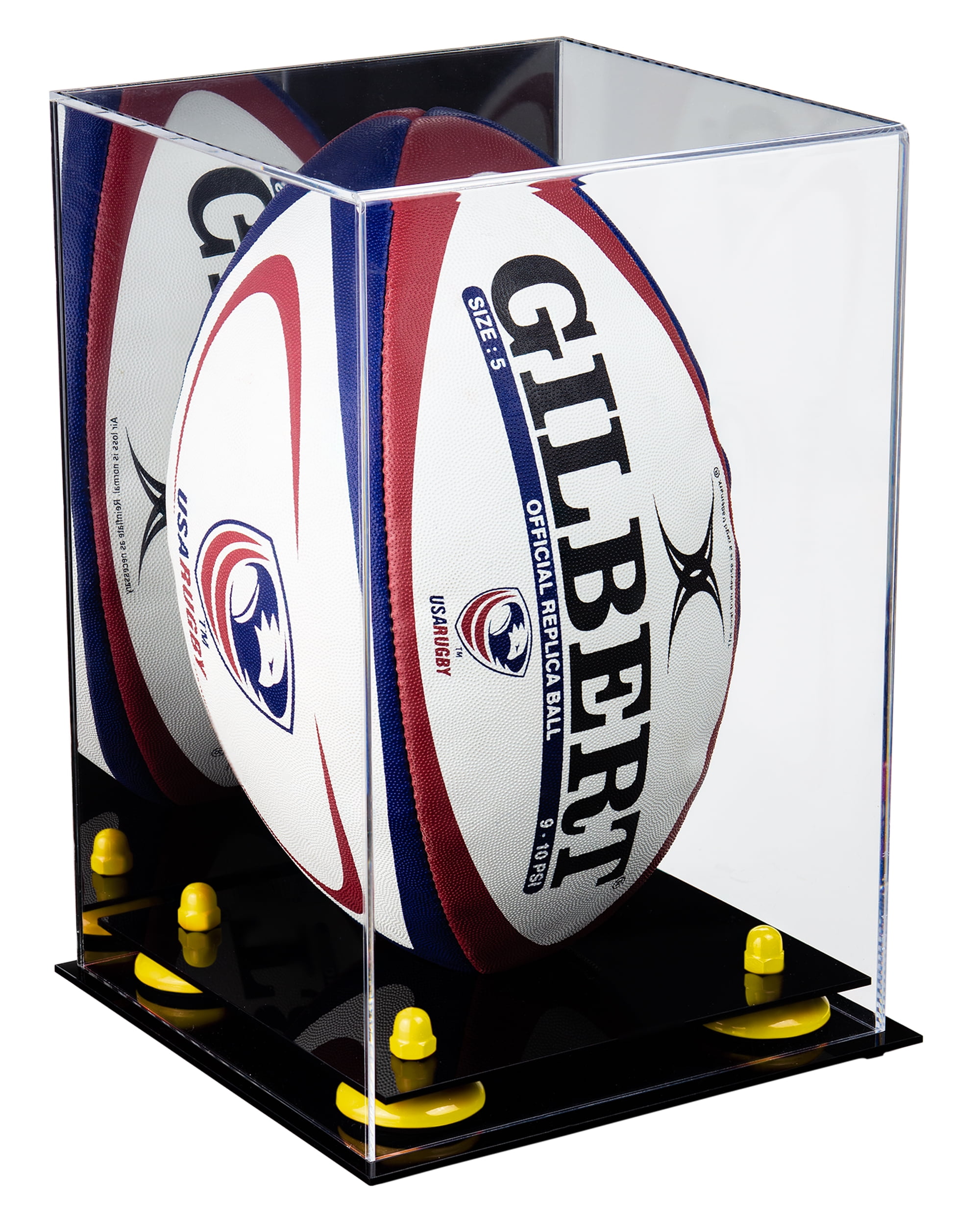 Deluxe Acrylic Rugby Ball Display Case Vertical with Mirror and Yellow ...