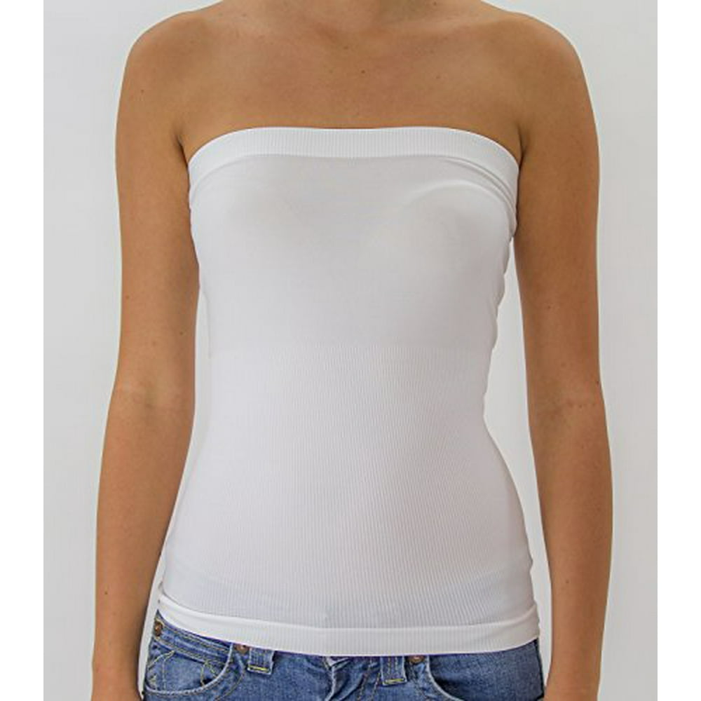 Td Collections Td Womens Plain Stretch Seamless Strapless Mid Tube Top White