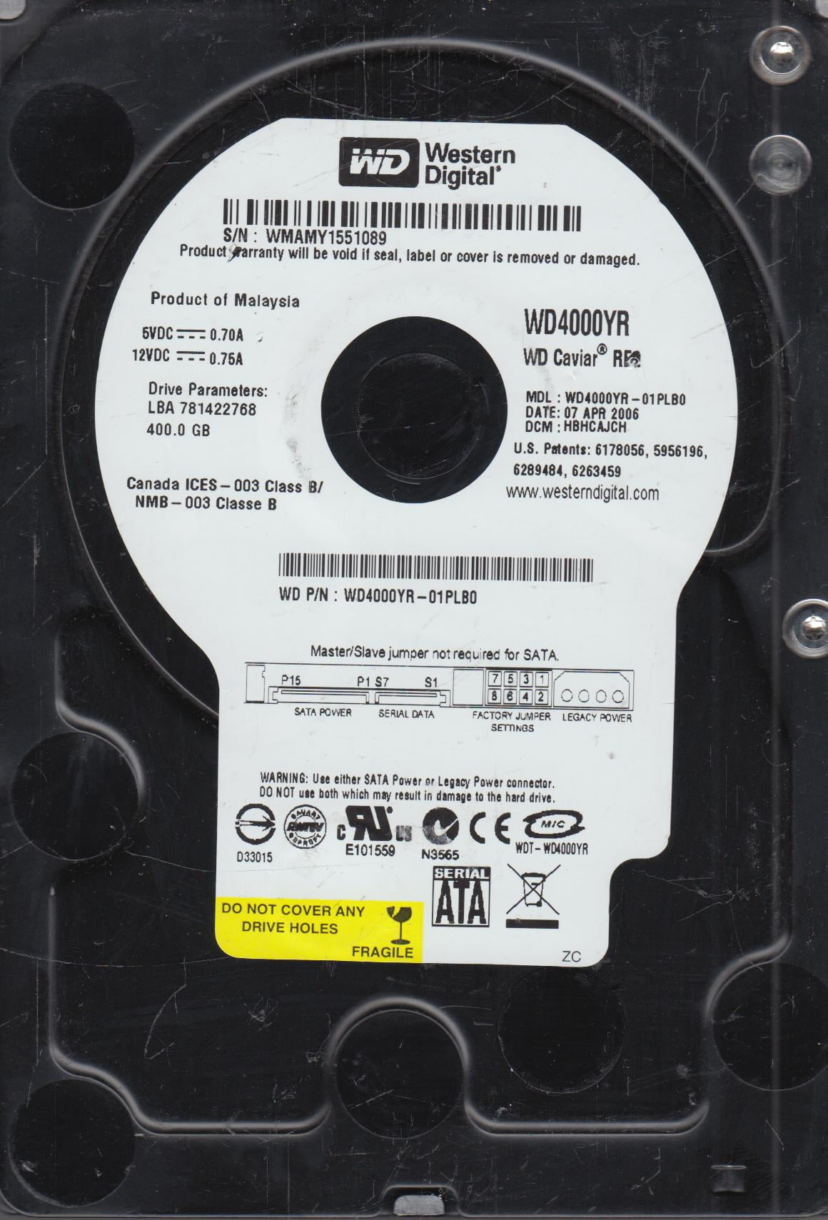 WD4000YR-01PLB0, DCM HBHCAJCH, Western Digital 400GB SATA 3.5 Hard ...