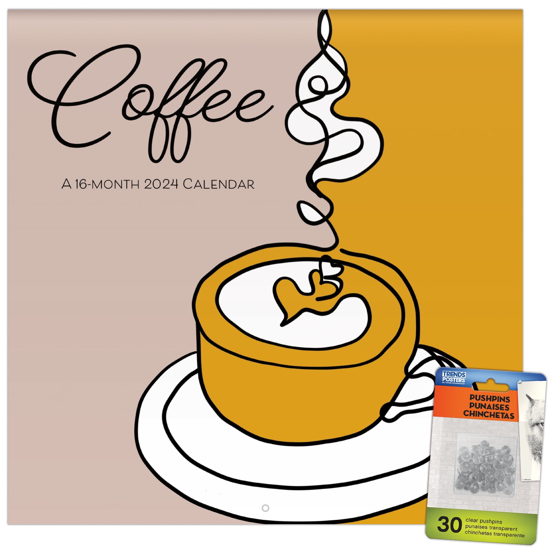 Trends International 2024 Coffee Wall Calendar & Push Pins - Walmart.com