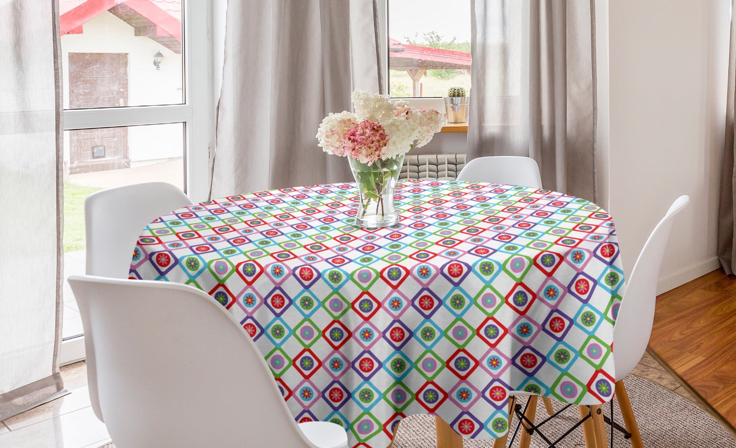 Floral Round Tablecloth, Abstract Squares with Flowers Spring Summer ...