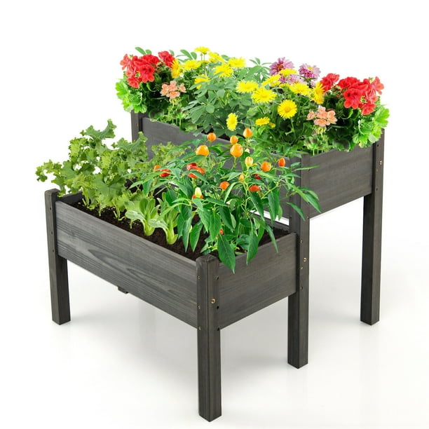 Gymax 2 Tier Wooden Raised Garden Bed Elevated Planter Box W Legs