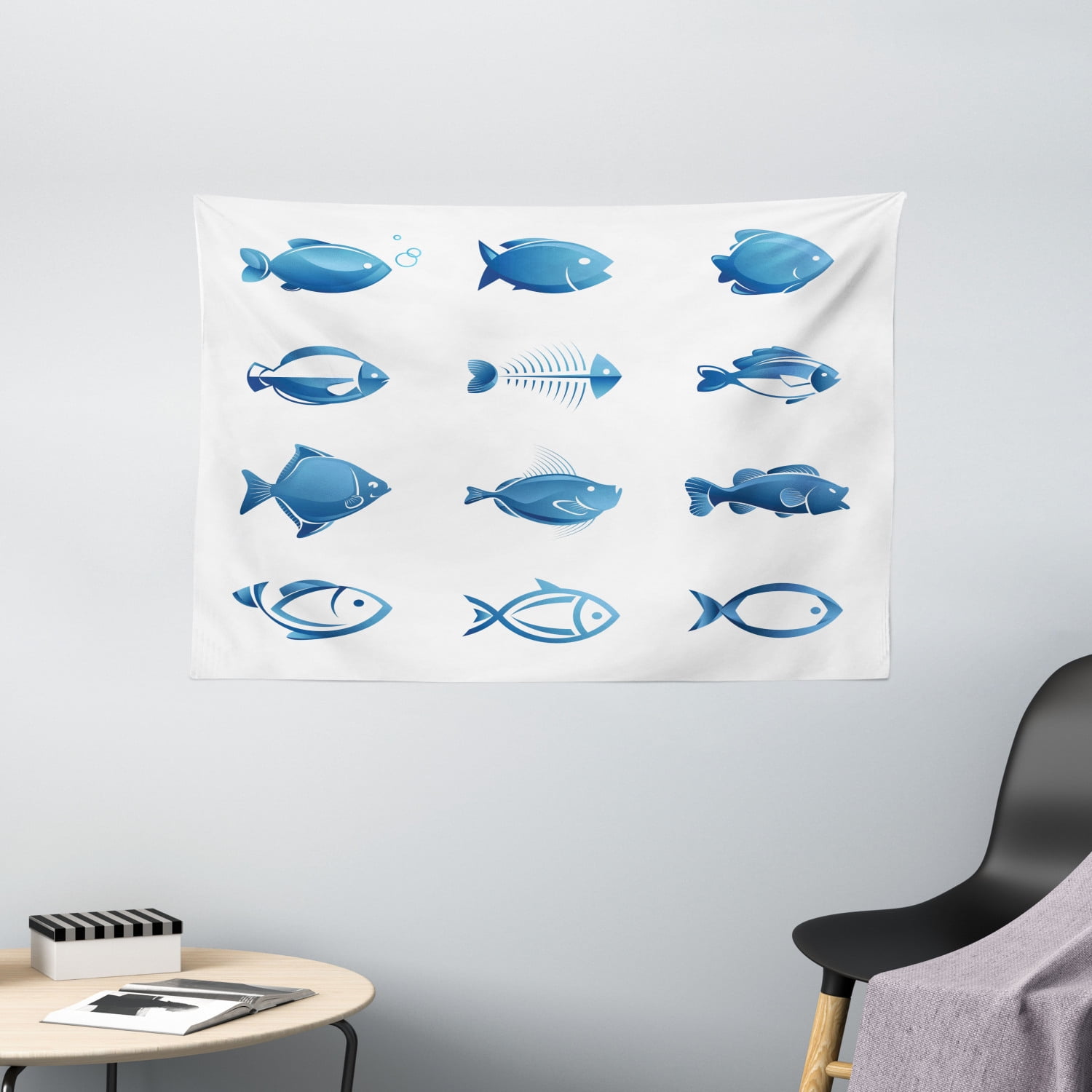 Fish Tapestry, Array of Fish Silhouettes Marine Life Sea Ocean Related ...