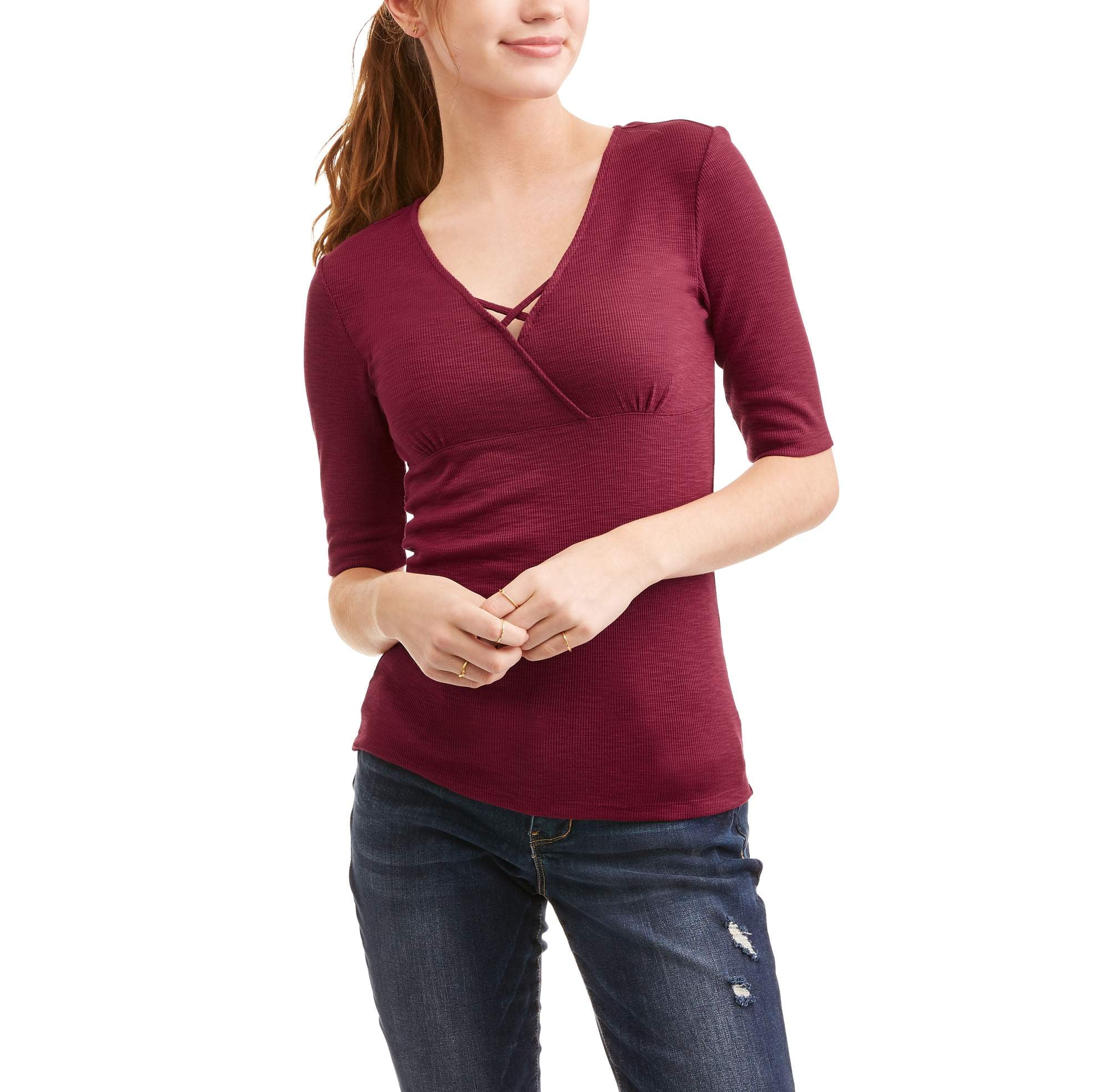 No Boundaries Juniors' v-neck criss-cross empire waist blouse - Walmart.com