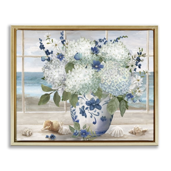 Stupell Industries Seaside Hydrangea Bouquet in Window Gold Framed ...