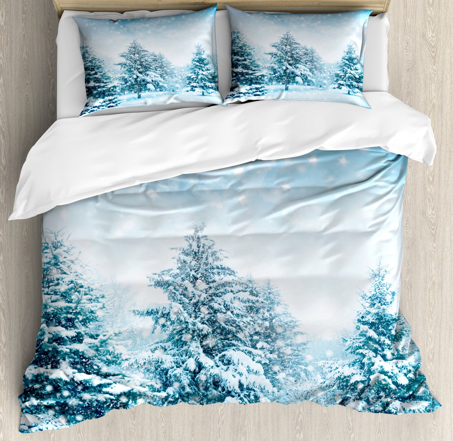 Winter Duvet Cover Set Queen Size, Snow Covered Fir Trees on ...