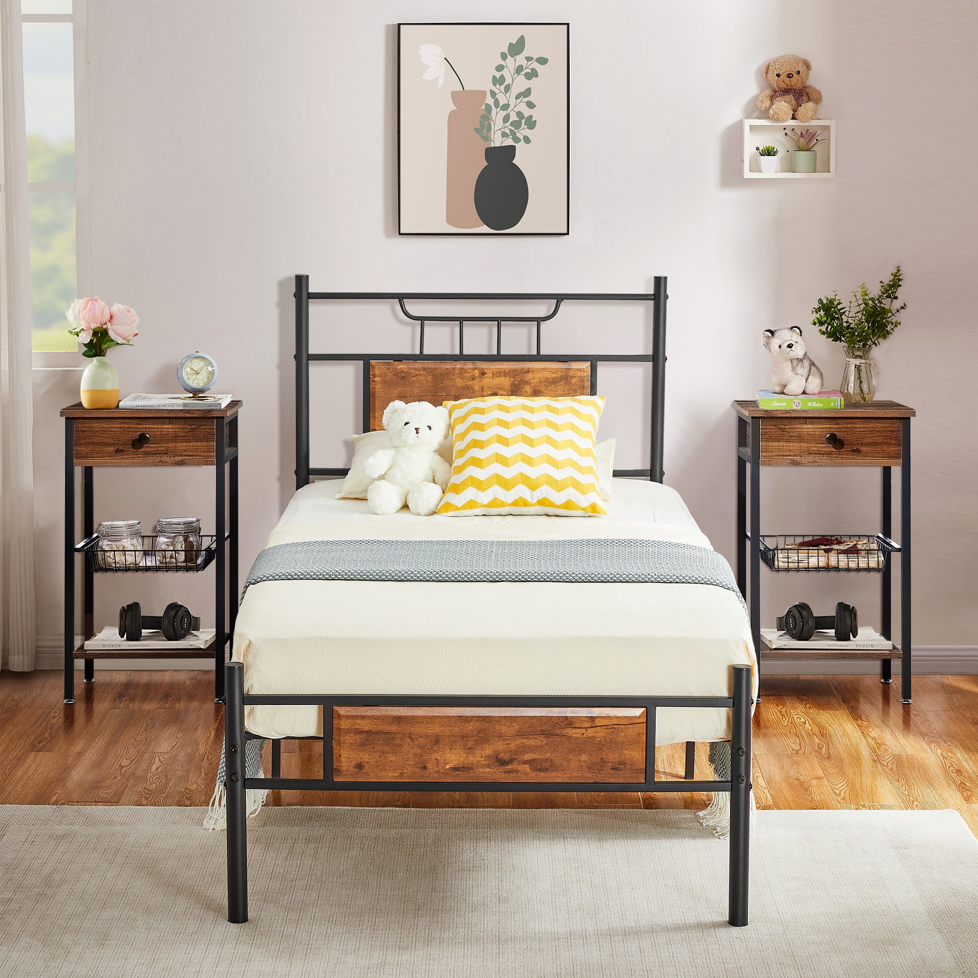 VECELO 3-Piece Bedroom Set with Twin Bed Frame and 2 Nightstand, Brown ...